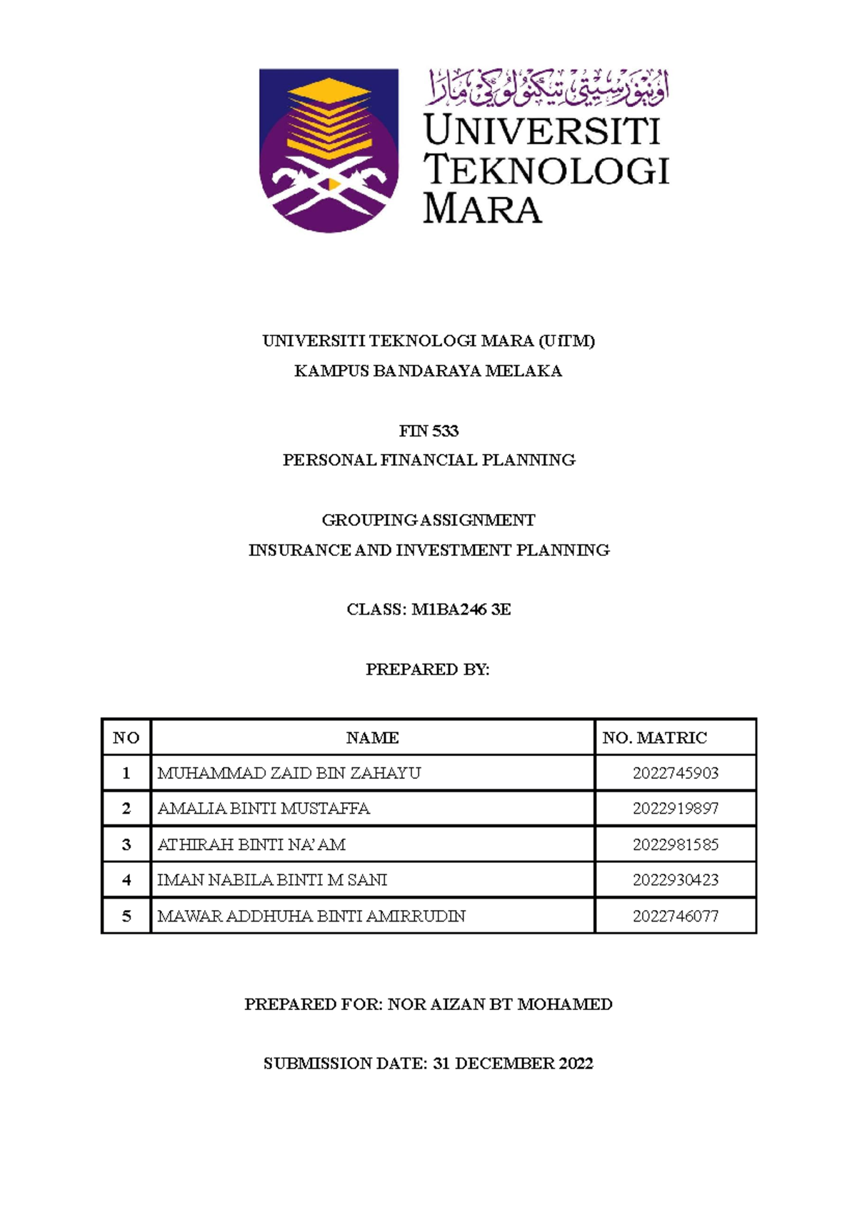 FIN533( Grouping Assignment 2) - UNIVERSITI TEKNOLOGI MARA (UiTM ...