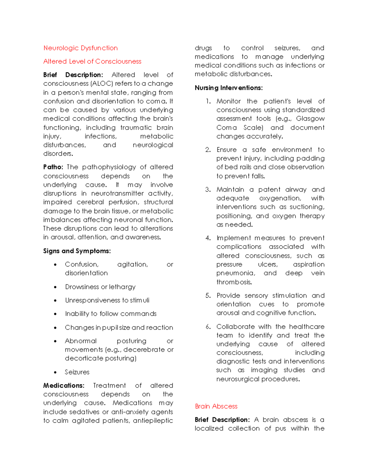 Neurologic-Dysfunction-1 - Neurologic Dysfunction Altered Level of Consciousness Brief ...