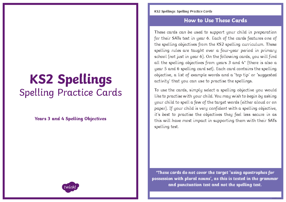 KS2 (Years 3 and 4) Spelling Practice Challenge Cards - twinkl ...