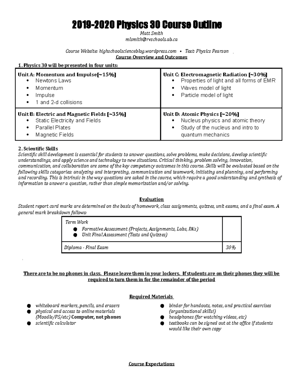 Physics 30 course outline 2019 2020 - 2019 -2 020 Physics 30 Course ...