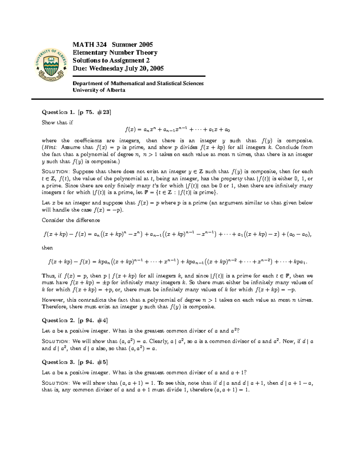 Soln2 - Use this with proper care. - MATH 324 Summer 2005 Elementary ...