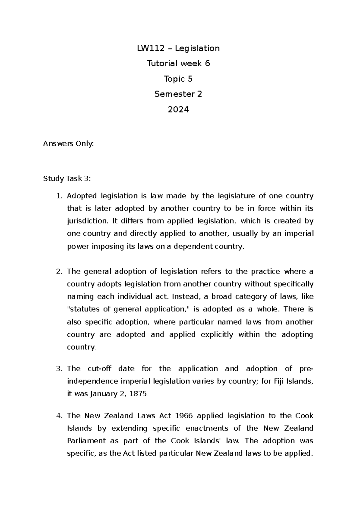 LW112 - Tutorial WEEK 6 Answers - LW112 – Legislation Tutorial week 6 Topic 5 Semester 2 2024 ...