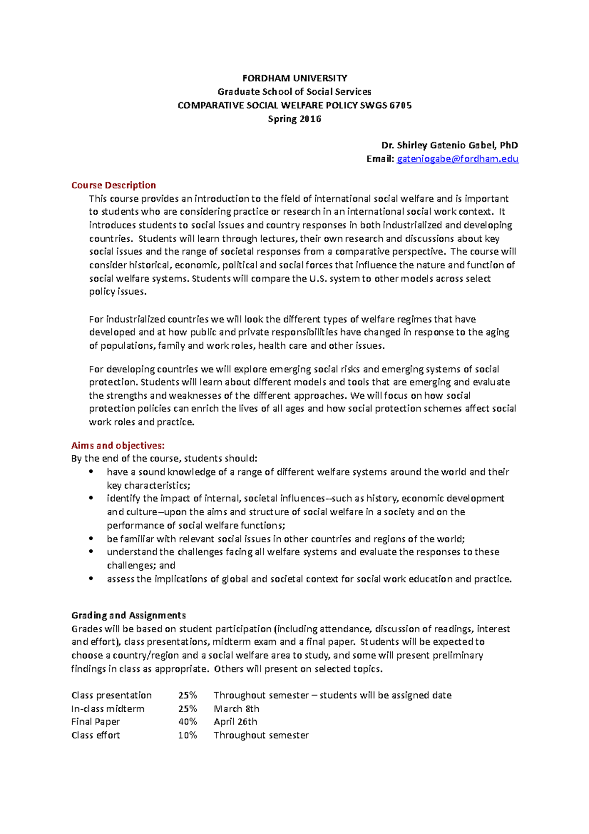 6705 Comparative Social Protection Policies 2016 - FORDHAM UNIVERSITY ...