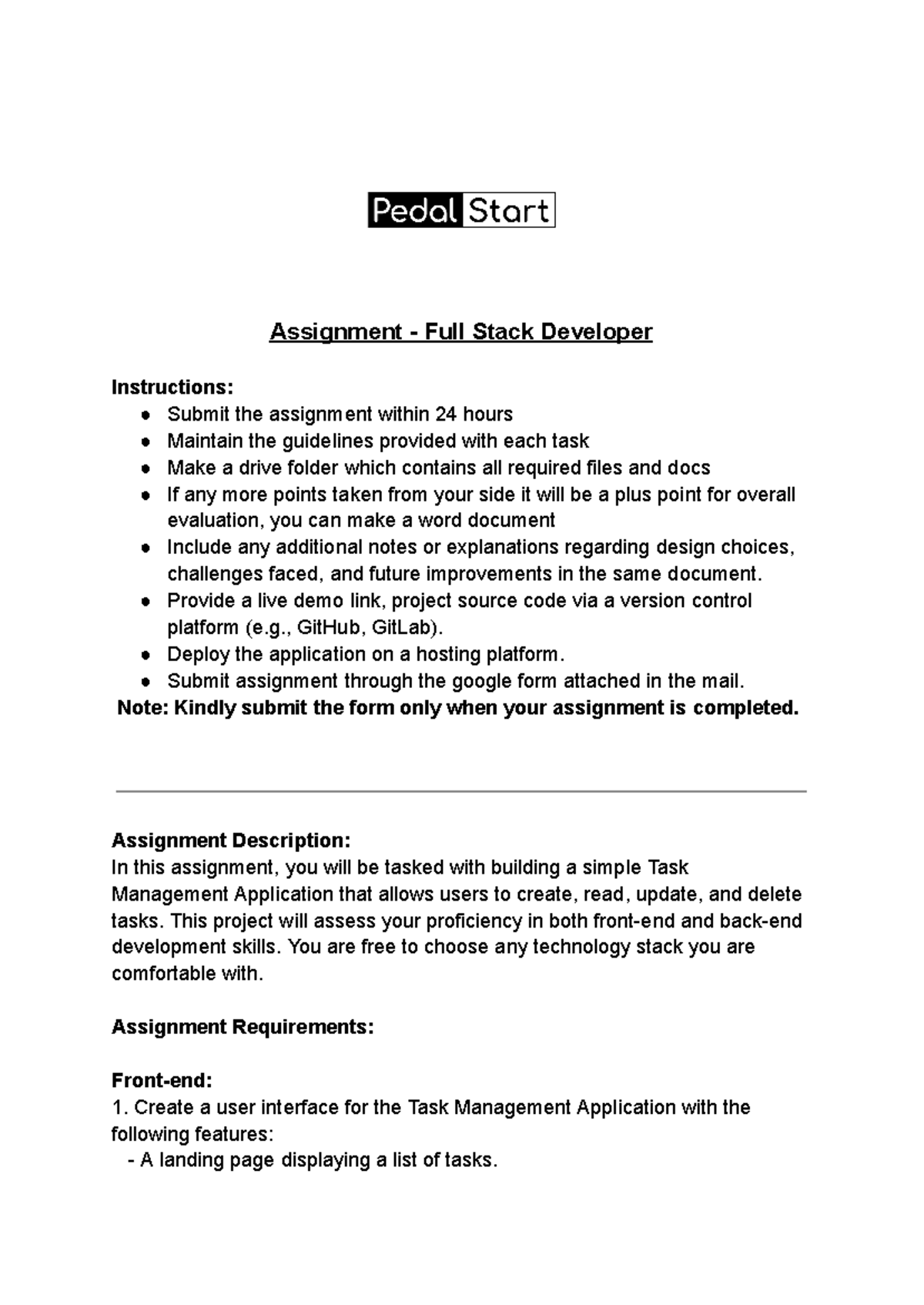 Assignment for Full Stack Developer- Pedal Start - Assignment - Full Stack Developer ...