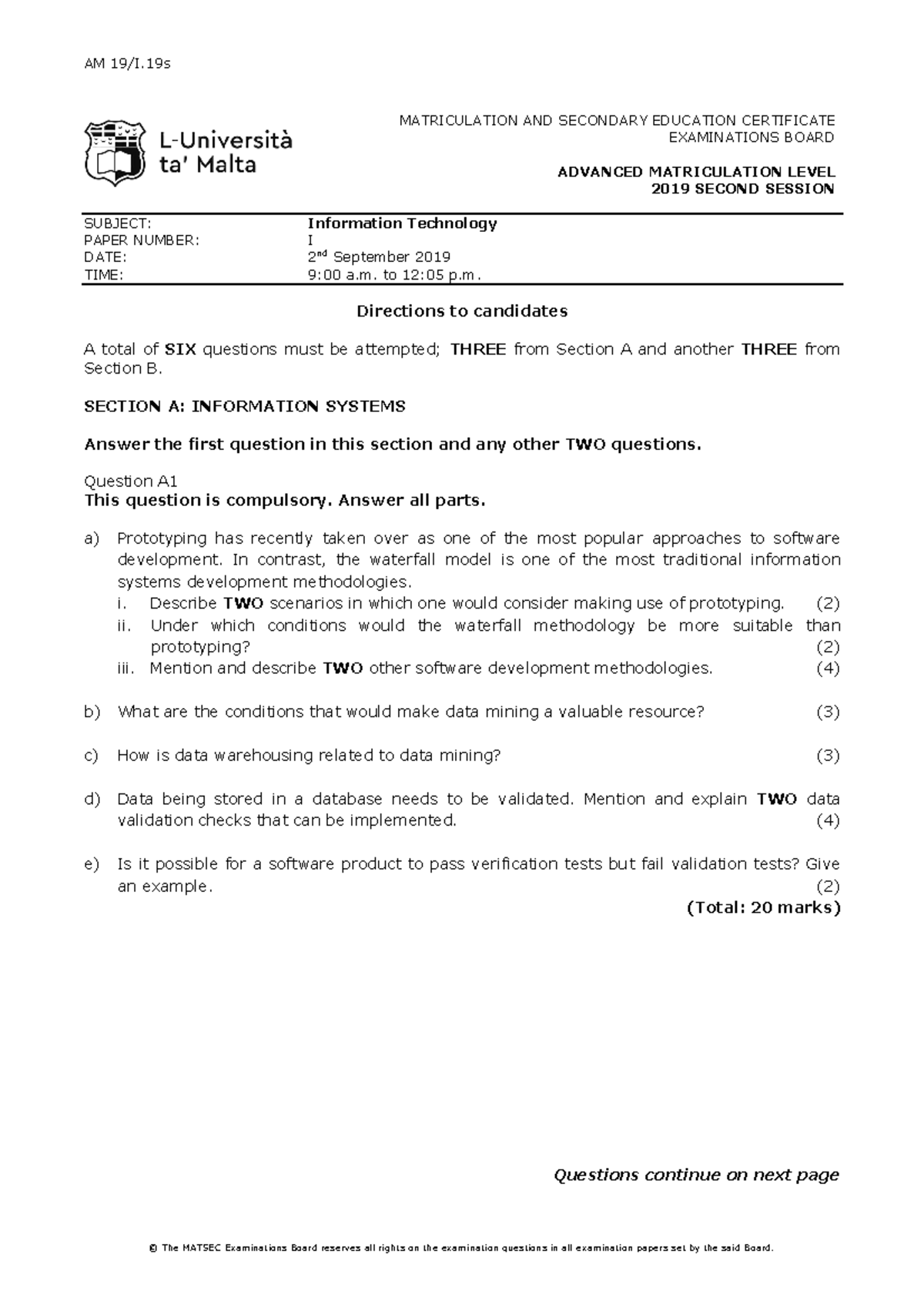 SEP 2019 - Computer Aided Design - AM 19/I © The MATSEC Examinations ...