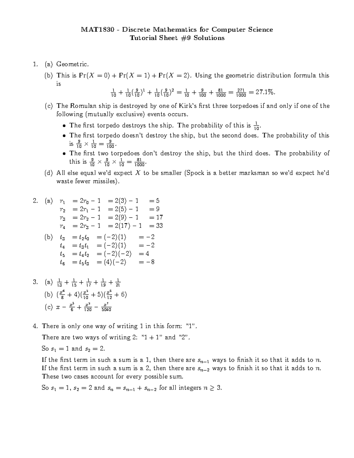 Tute9solns Tutorial 9 Solutions Mat1830 Discrete Mathematics For Computer Science Tutorial