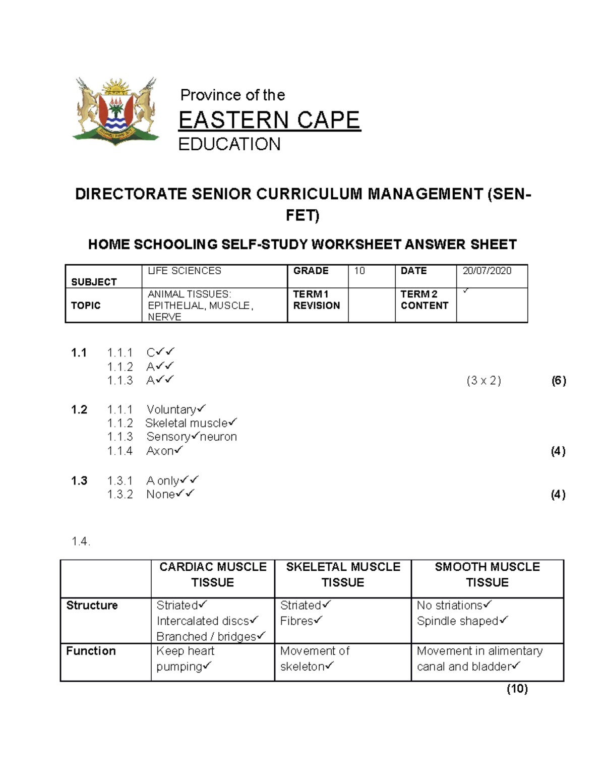 8 Life Sciences Grade 10 Animal Tissues Worksheet Answer - Province of ...