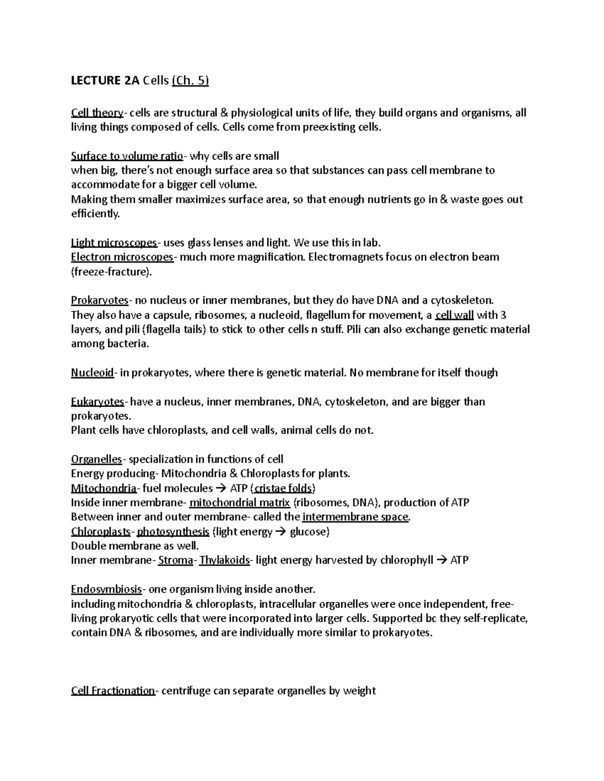 Bio L2 review - LECTURE 2A Cells (Ch. 5) Cell theory- cells are ...
