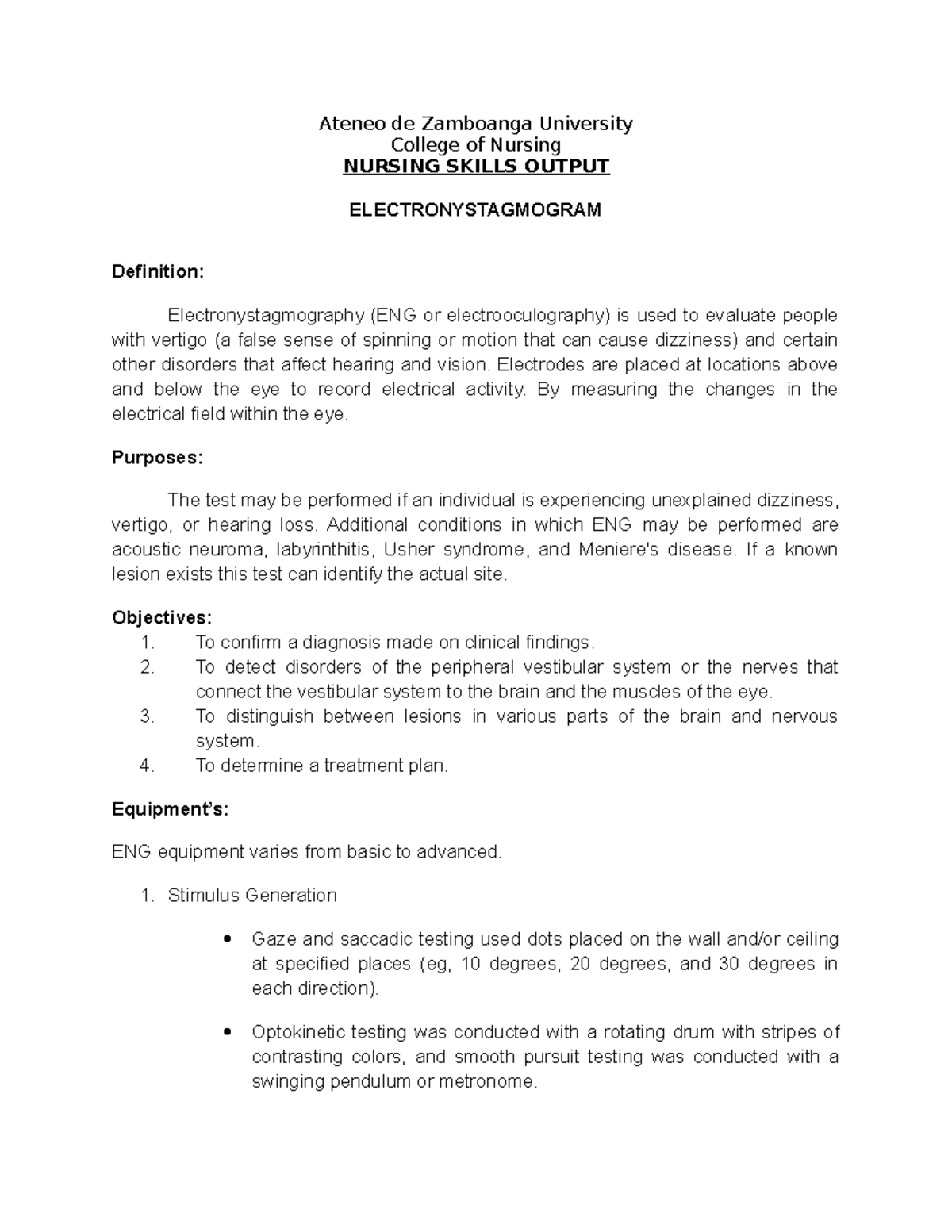 NSO - Electronystagmogram - Ateneo de Zamboanga University College of ...