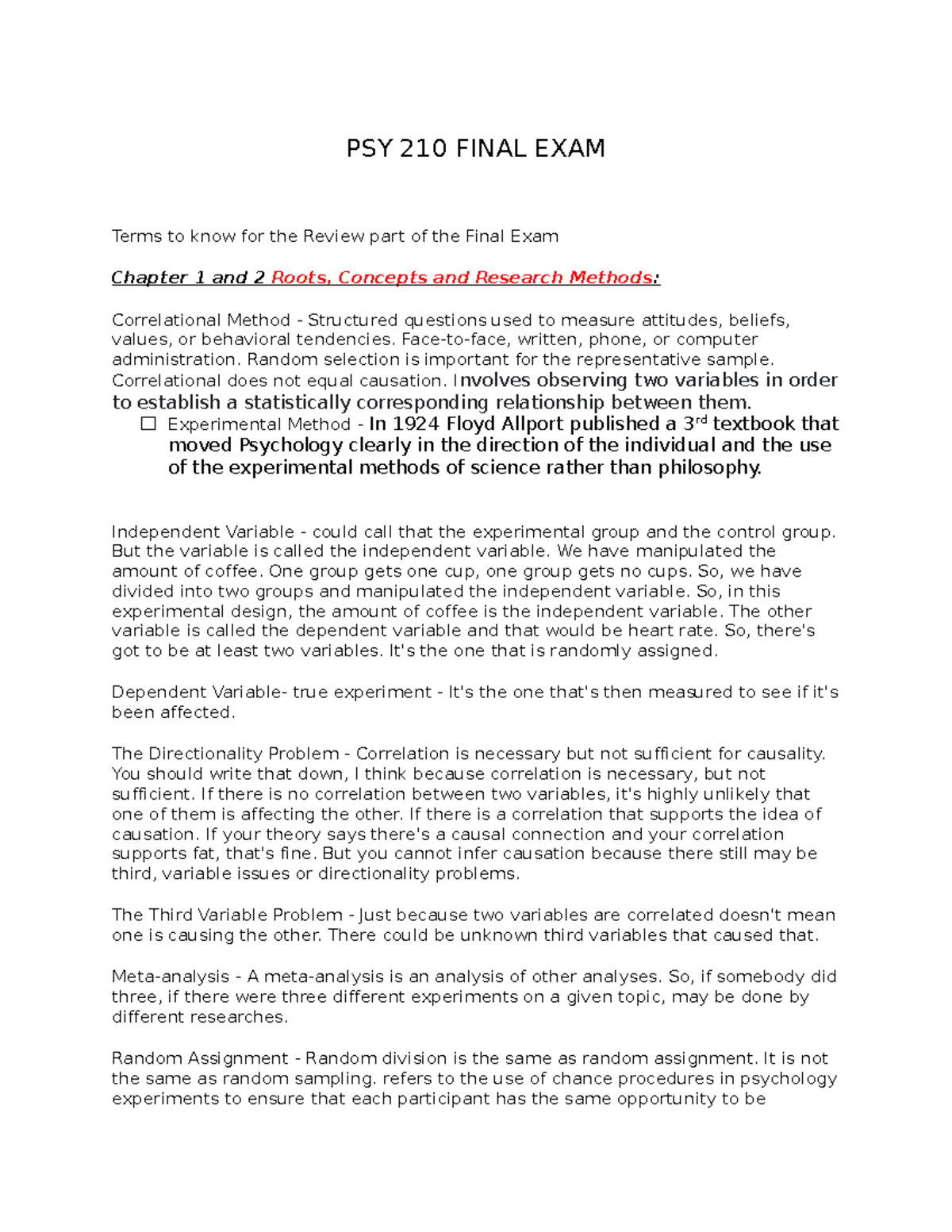 PSY 210 Final EXAM - PSY 210 FINAL EXAM Terms to know for the Review ...