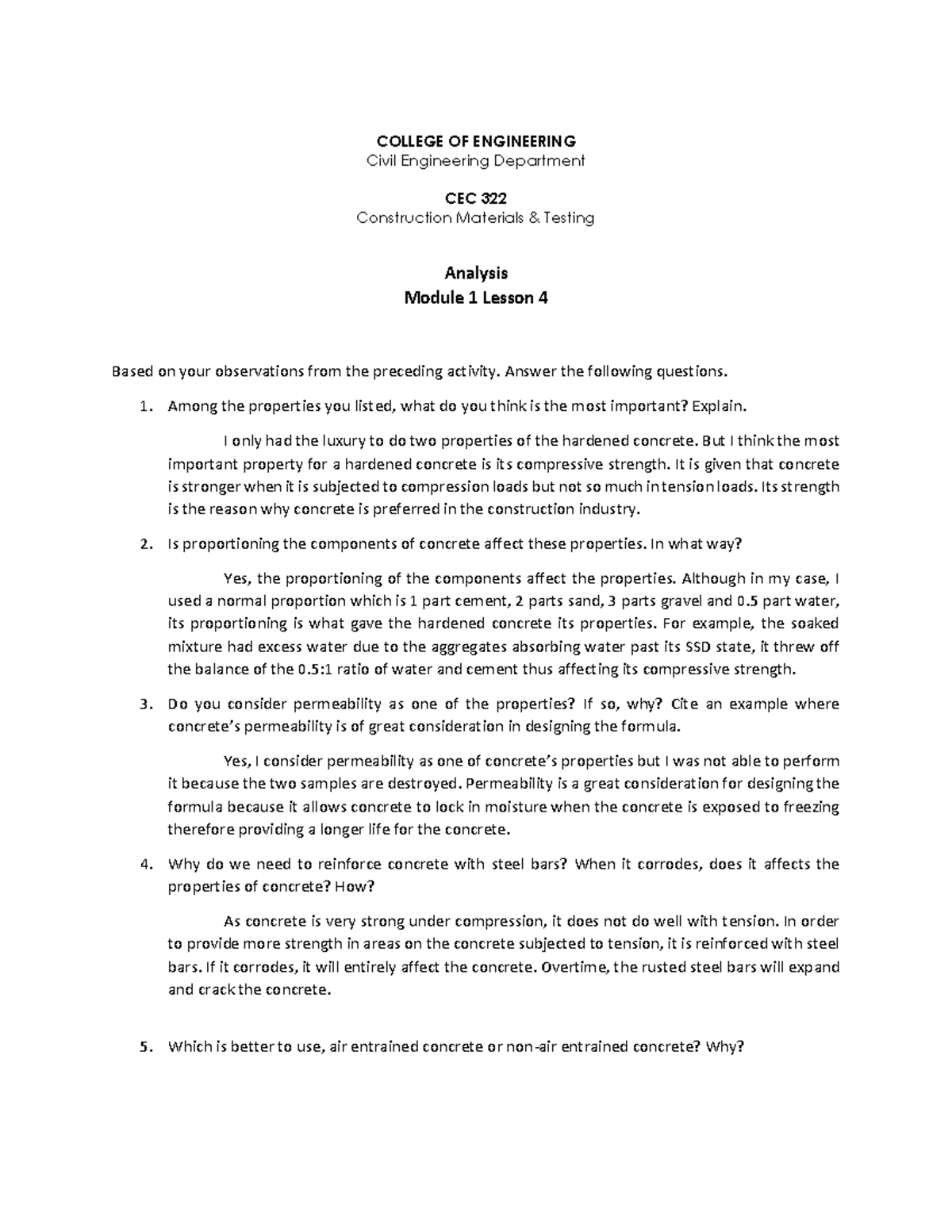 CEC322 Module 1Analysis 4 - COLLEGE OF ENGINEERING Civil Engineering Department CEC 322 ...