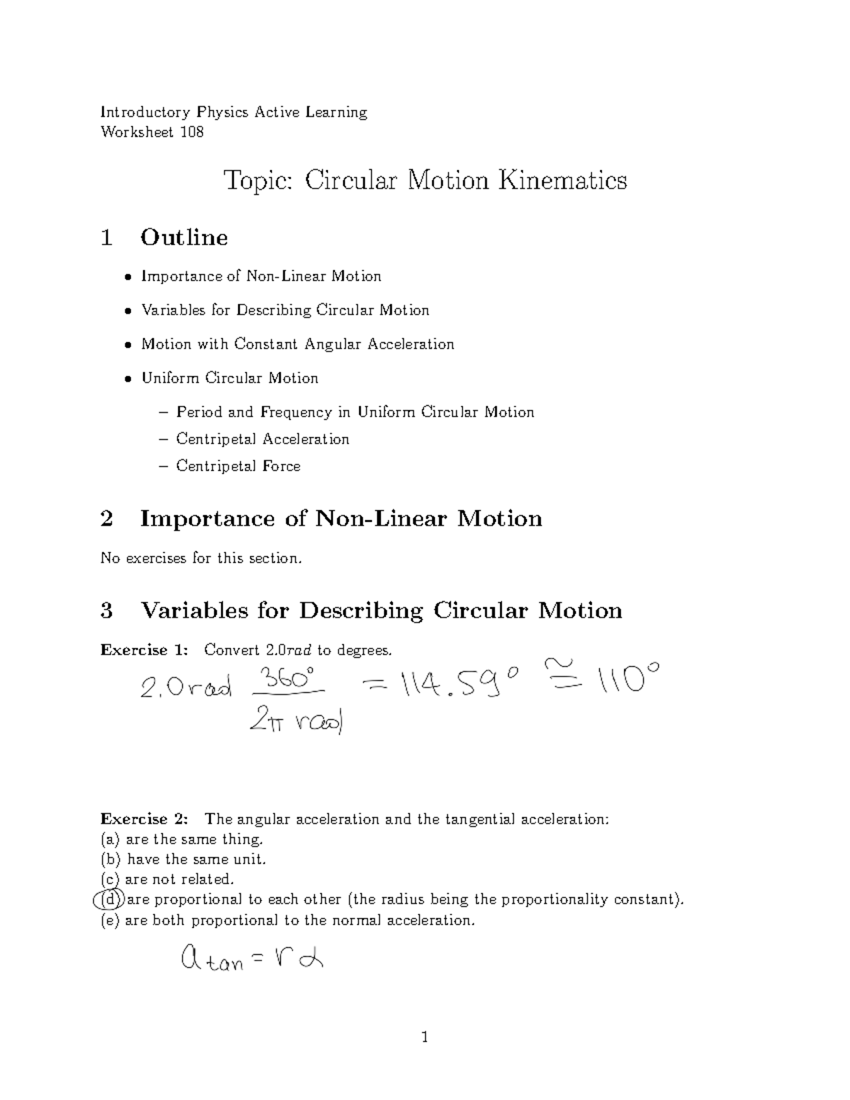 Worksheet 108 Circular Motion Kinematics S - Introductory Physics ...