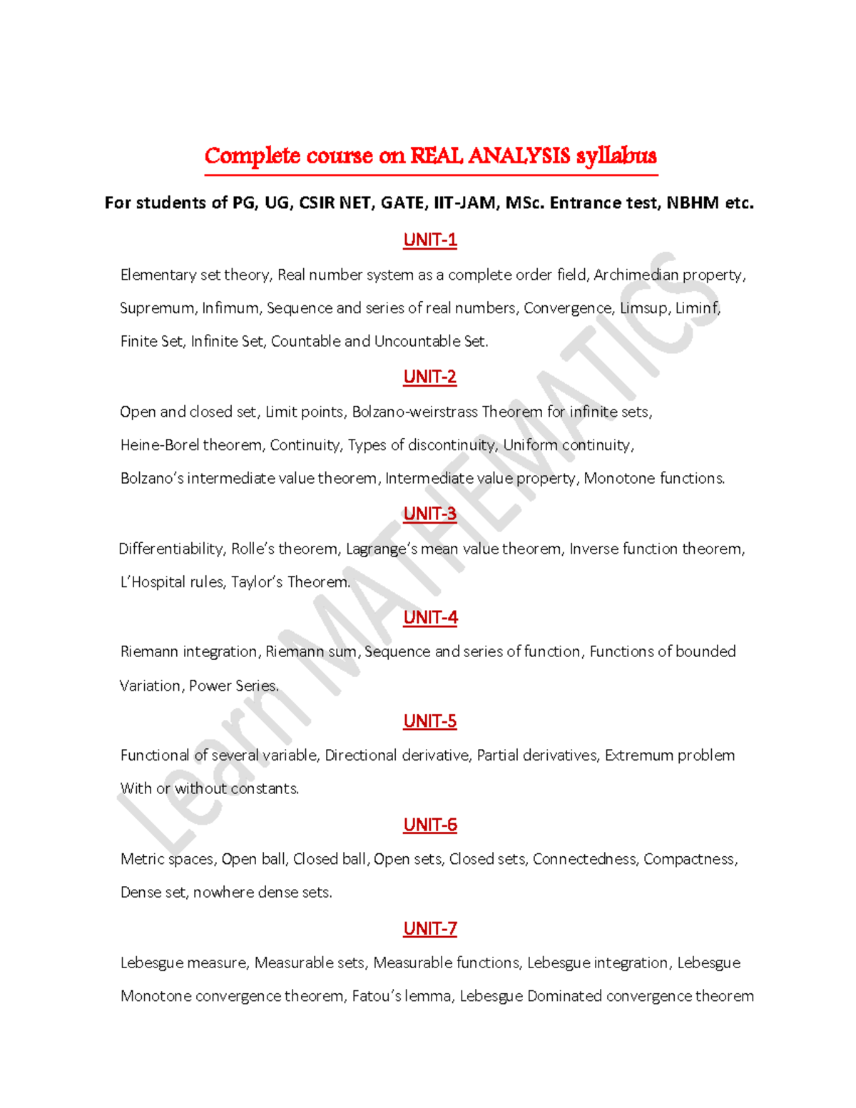 Syllabus Real Analysis LM - Complete course on REAL ANALYSIS syllabus ...