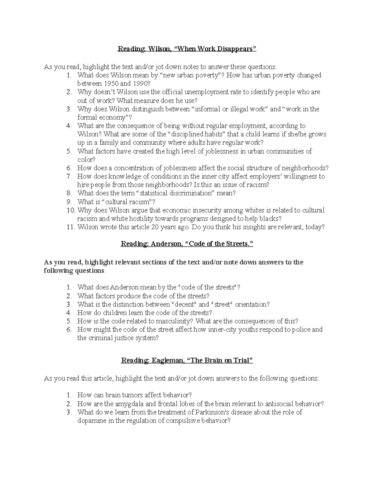 Unit 3 Questions - Reading: Wilson, “When Work Disappears” As you read ...
