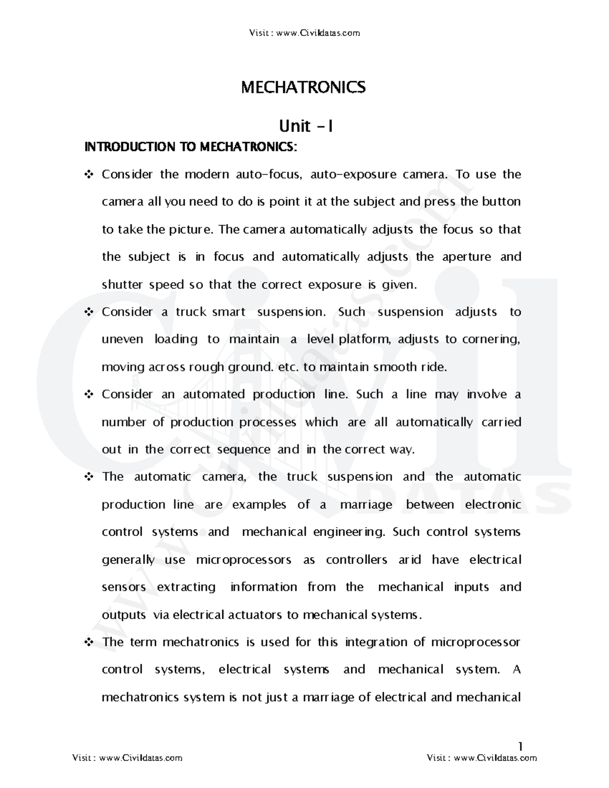 MECH 1,4,5 - BY Civildatas - 1 MECHATRONICS Unit – I INTRODUCTION TO MECHATRONICS: Consider the ...