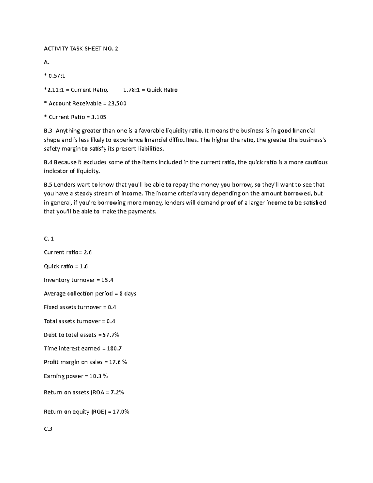 Accounting Answer Statement of Financial Position - ACTIVITY TASK SHEET ...
