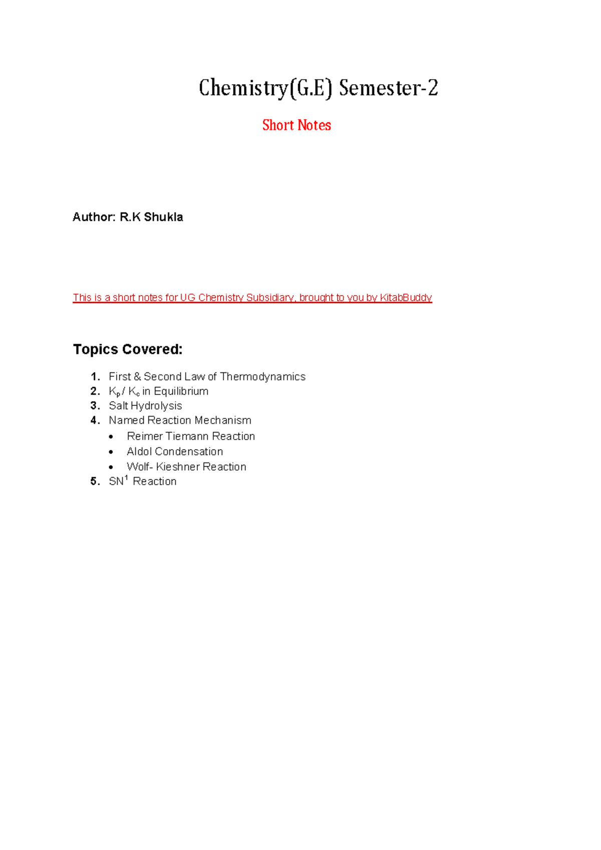 Chemistry (g.e) Semester-2 - Chemistry(G) Semester- Short Notes Author ...