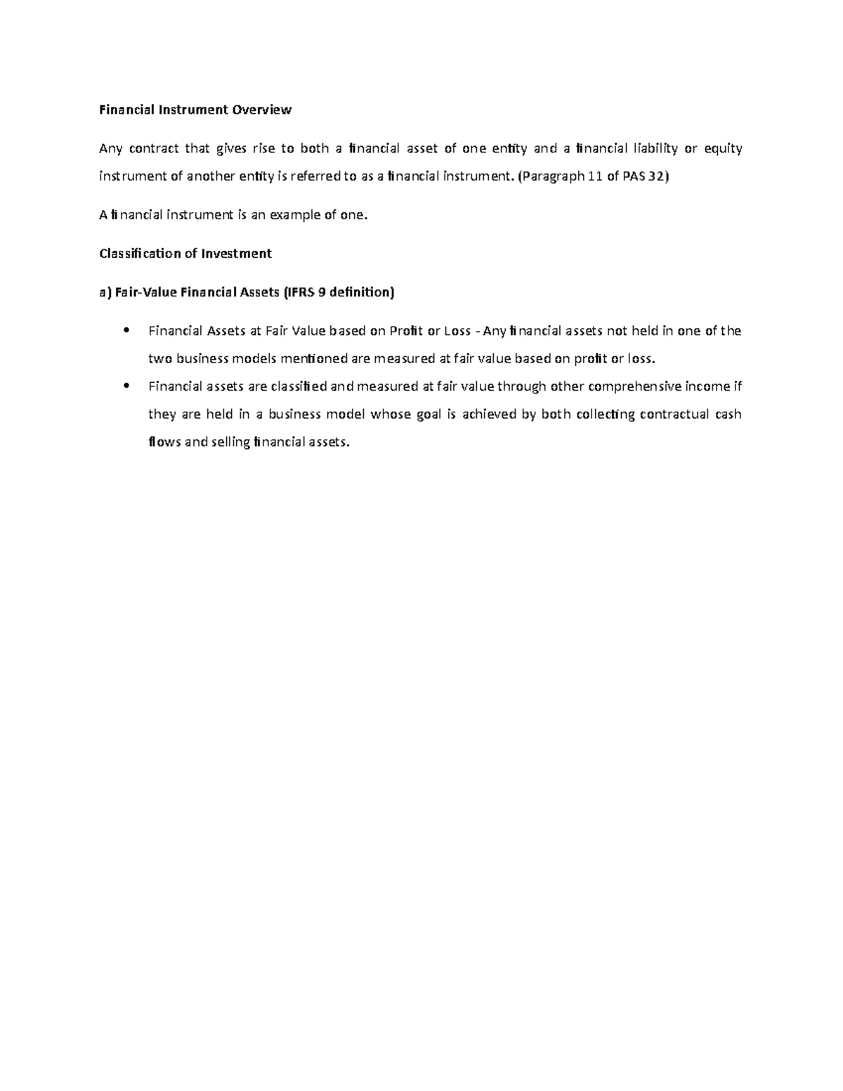Financial Instrument Overview - (Paragraph 11 of PAS 32) A financial ...