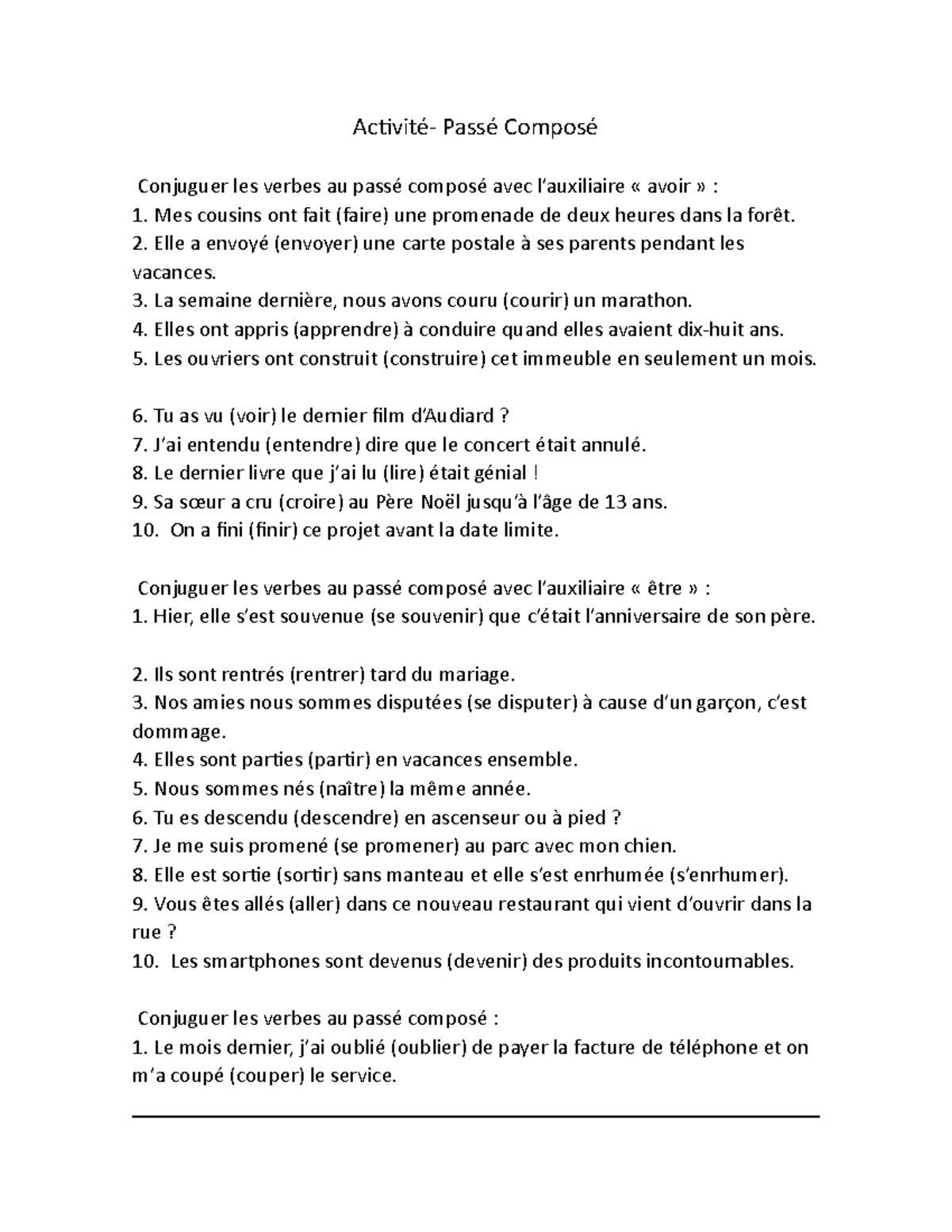 Activité- Passé Composé x - Activité- Passé Composé Conjuguer les ...