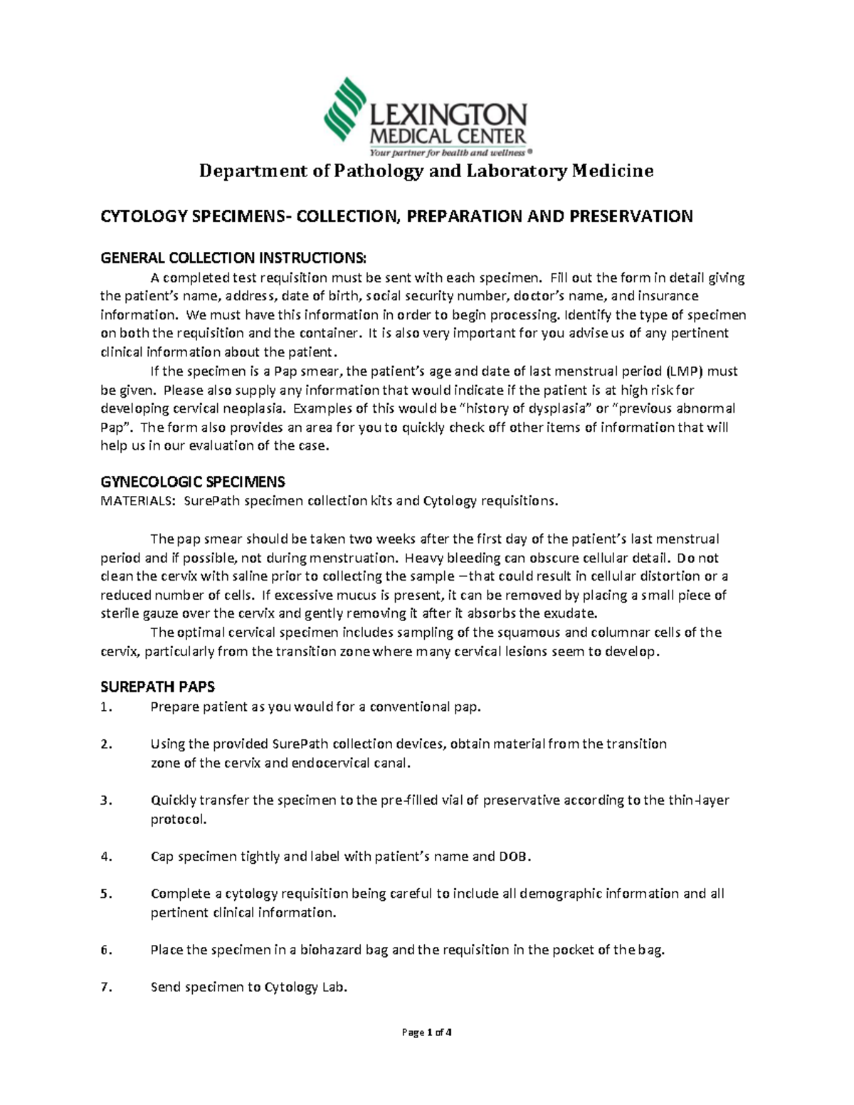 Cytology Specimen Collection - Department of Pathology and Laboratory ...