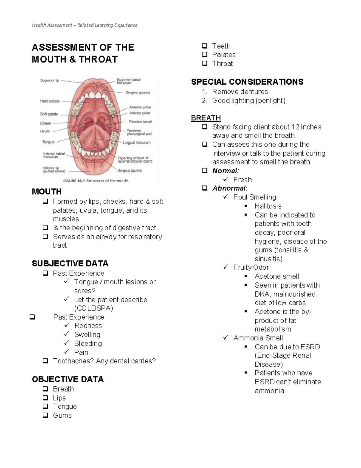 Mouth-Throat-Assessment - ASSESSMENT OF THE MOUTH & THROAT MOUTH Formed ...