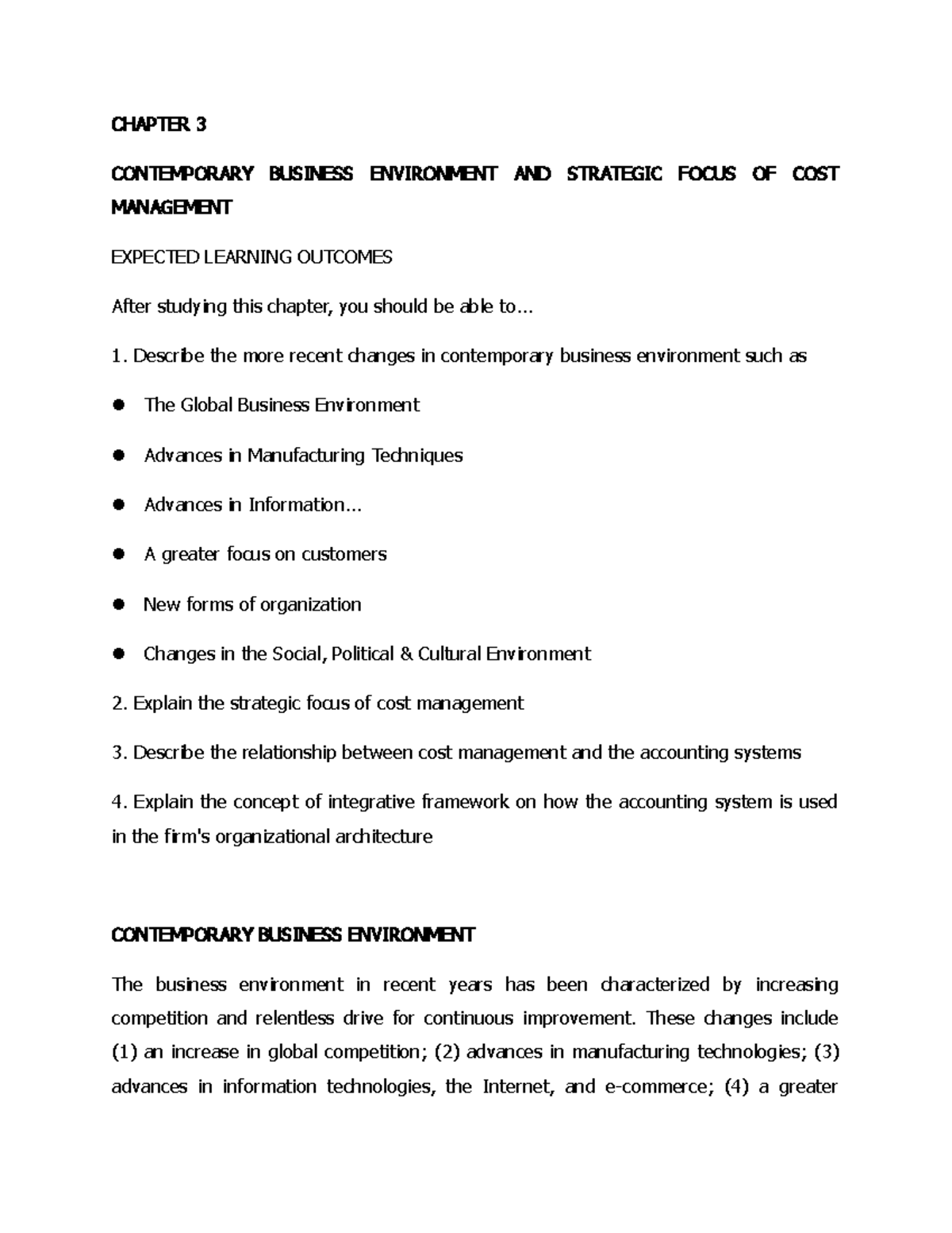 Chapter 3 Contemporary Business Environment AND Strategic Focus OF COST ...