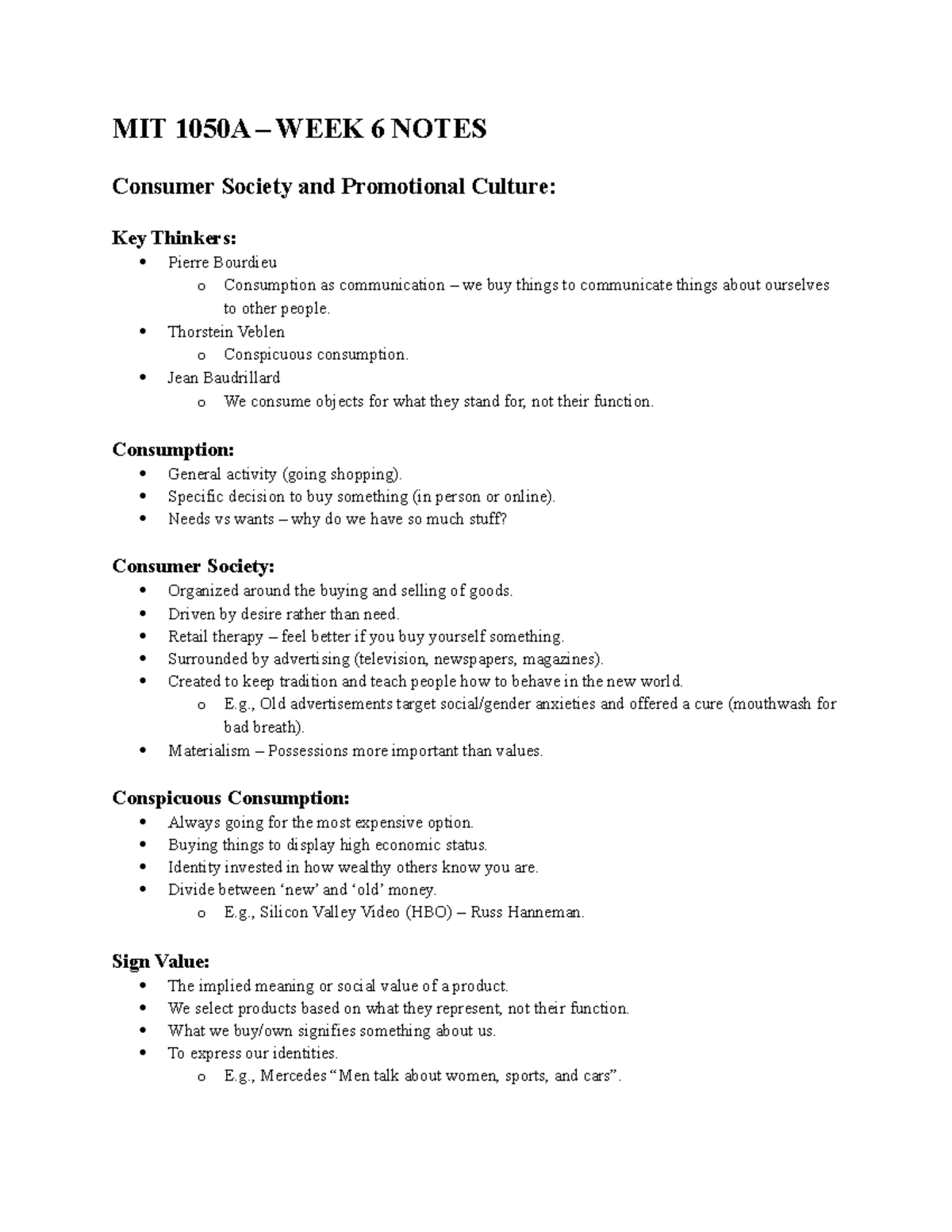 MIT 1050A - WEEK 6 Lecture Notes - MIT 1050A – WEEK 6 NOTES Consumer ...