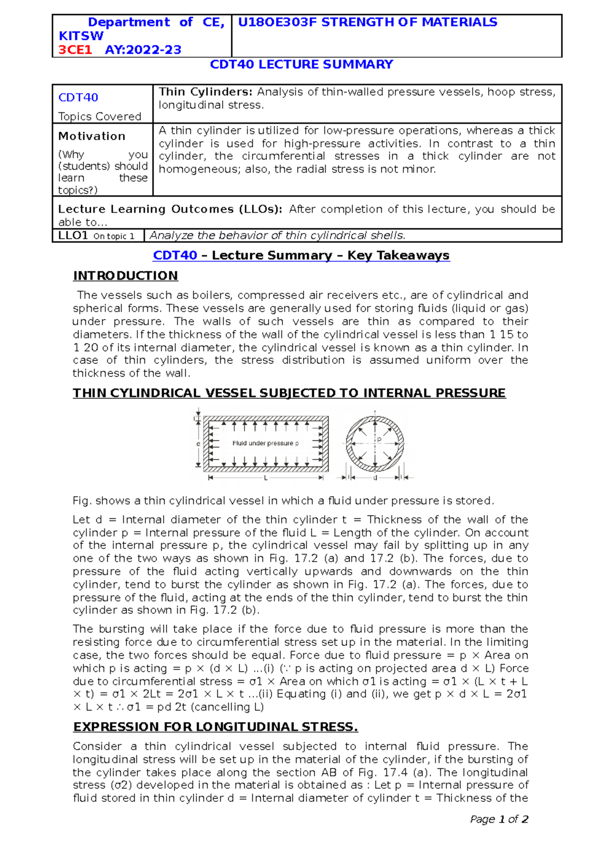 SOM lecture notes 1 - Department of CE, KITSW 3CE1 AY:2022- U18OE303F ...