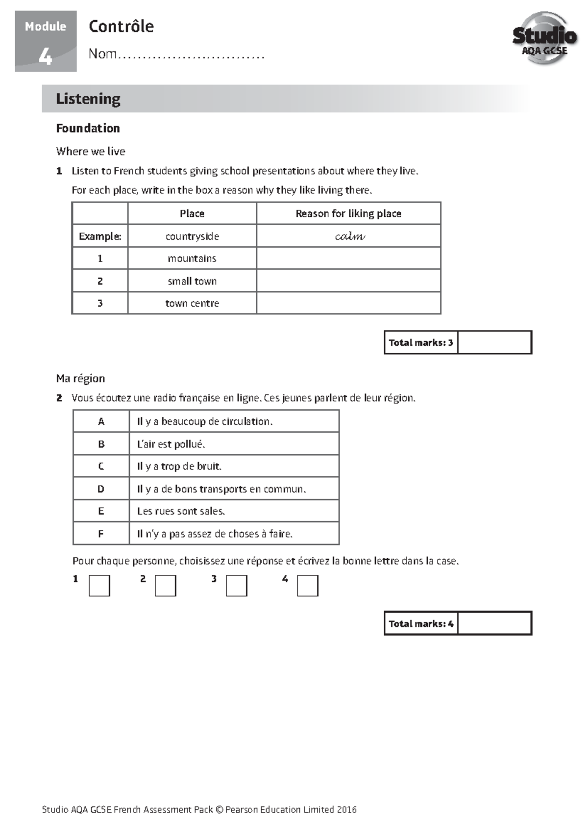 Y10 town listening - [owrjfn - Studio AQA GCSE French Assessment Pack ...