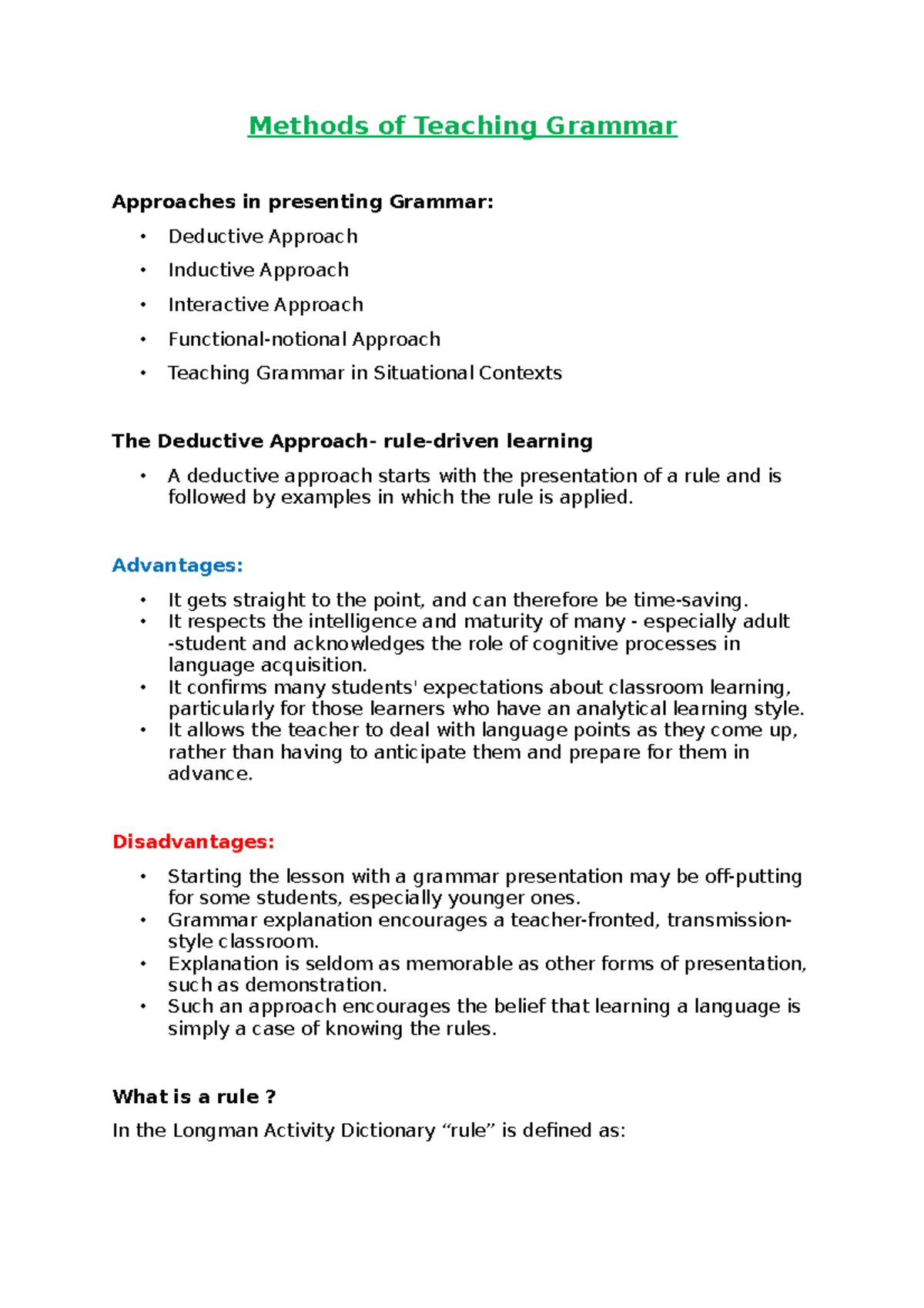 Teaching And Assessment Of Grammar Methods OF Teaching Grammar