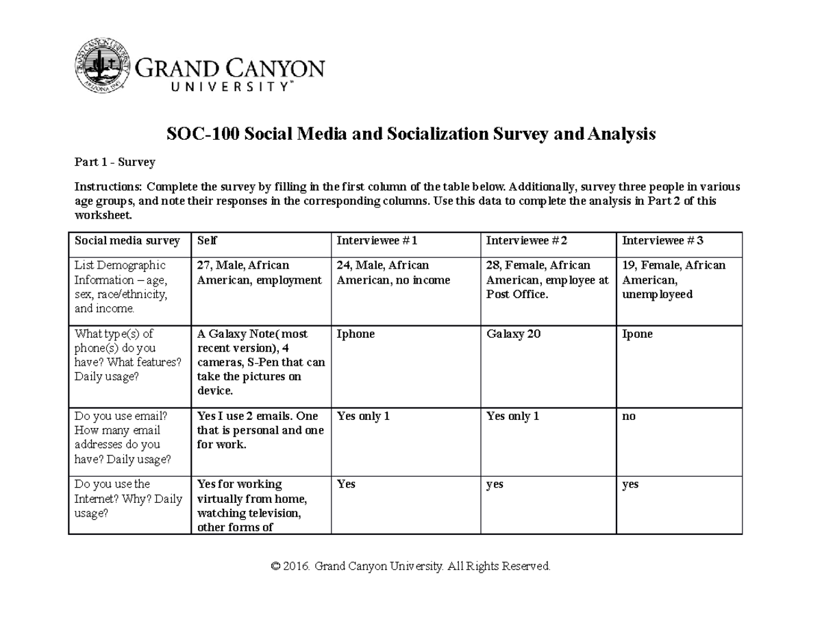 SOC-100-Social Media Socialization Surveyand Analysis - SOC-100 Social ...