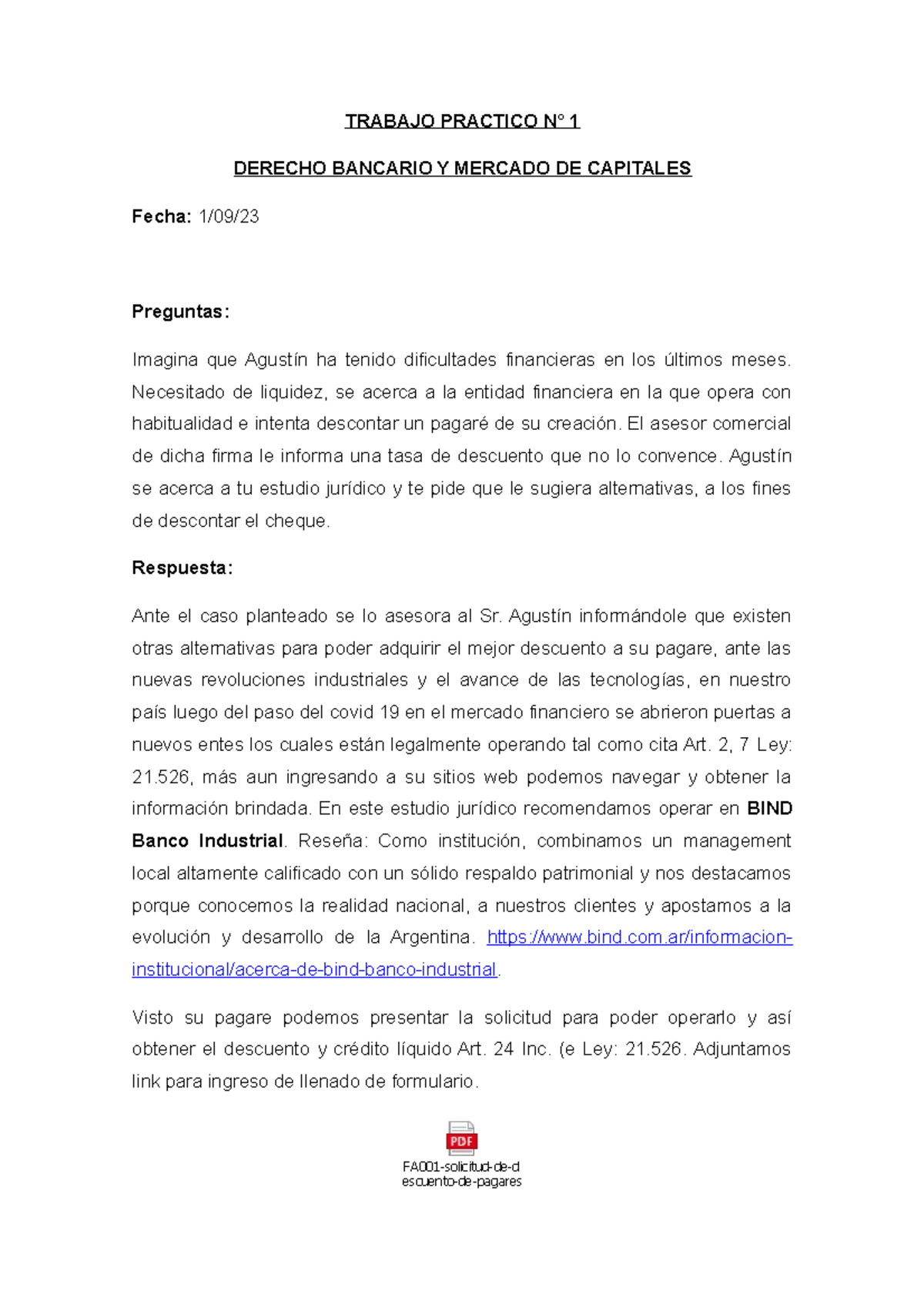 Trabajo Practico N° 1 - TRABAJO PRACTICO N° 1 DERECHO BANCARIO Y ...