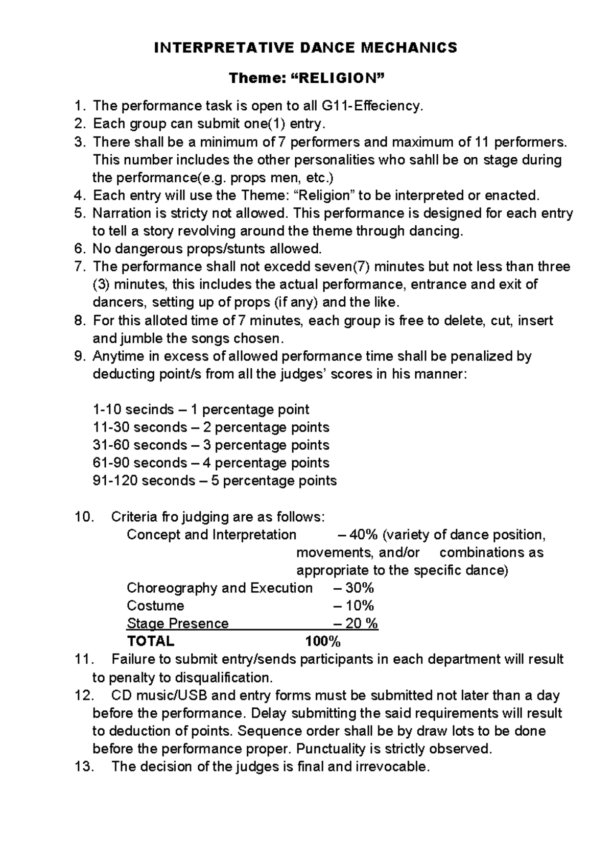 Iterpretative Dance Criteria - INTERPRETATIVE DANCE MECHANICS Theme ...