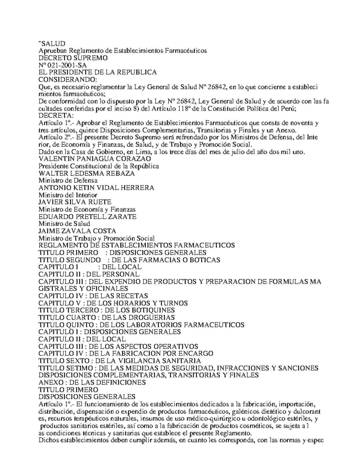 LEY - DECRETO SUPREMO DIGEMID SOBRE BOTICAS Y FARMACIAS - "SALUD ...