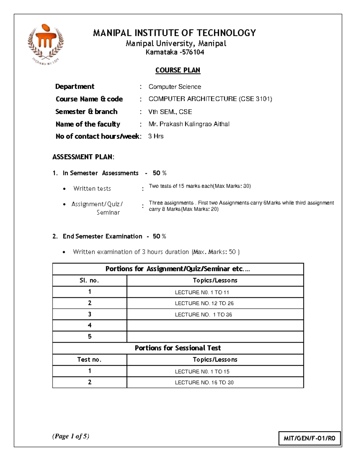 Course PLAN AUG 2017 (3 Credit)-Computer Architecture-PKA modified ...