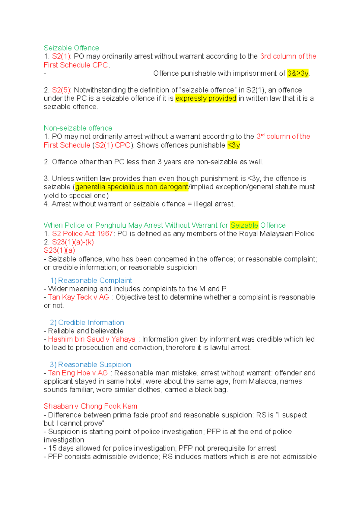 Arrest 1 - Lecture notes 2 - Seizable Offence S2(1): PO may ordinarily ...