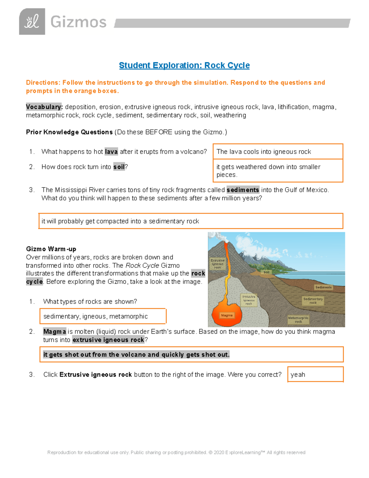Rock Cycle SE - Cheat sheet - Student Exploration: Rock Cycle ...
