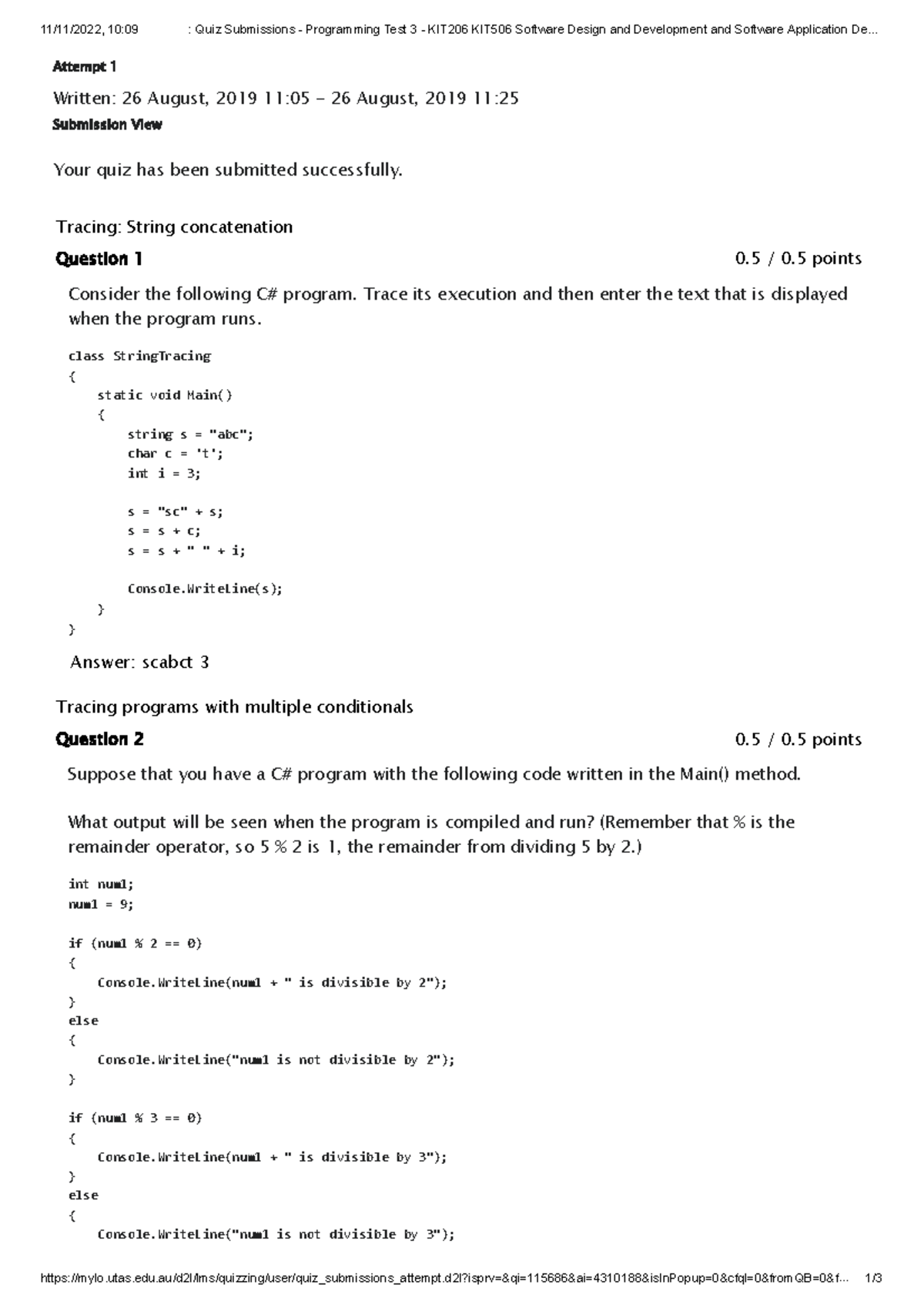 Quiz Submissions - Programming Test 3 - KIT206 KIT506 Software Design ...