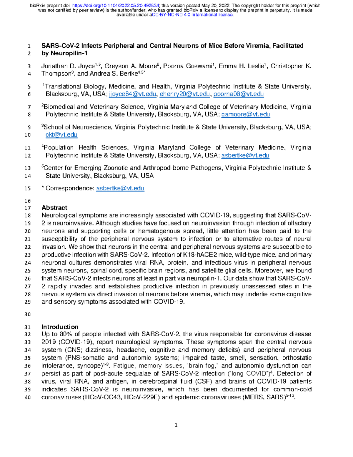 SARS-Co V-2 Infects Peripheral and Central Neurons of Mice Before ...