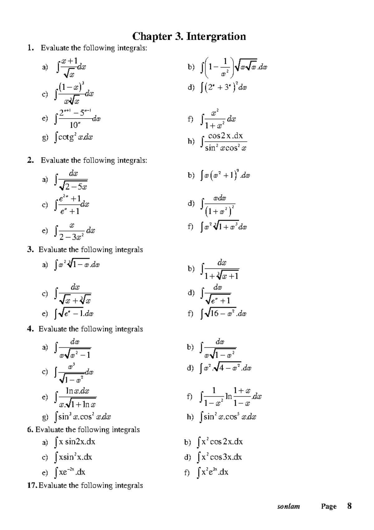 Excercise Integration - sonlam Page 8 Chapter 3. Intergration Evaluate ...