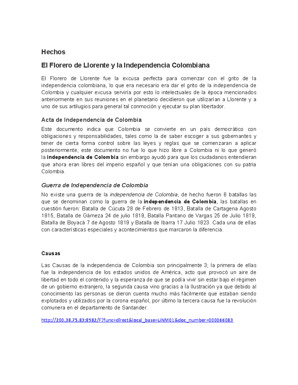 Trabajo - ninguna - Hechos El Florero de Llorente y la Independencia ...