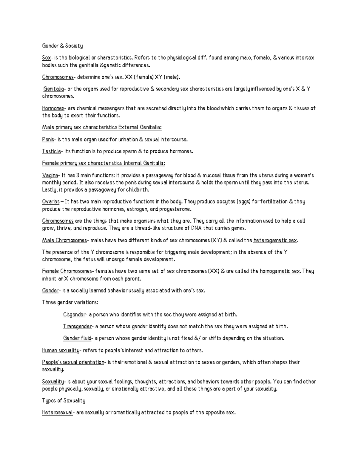 Prelimnotesssssss - nshshshsh - Gender & Society Sex- is the biological ...