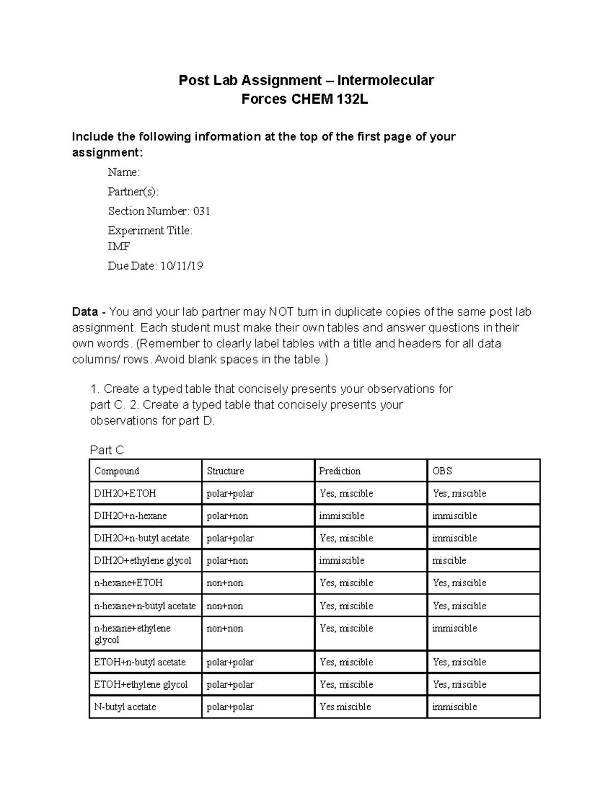 Expt 2 post lab assignment - Post Lab Assignment – Intermolecular ...