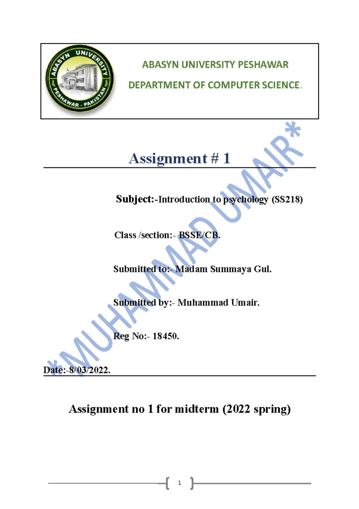 Mid Term Assignment 1 - Assignment # 1 Subject:-Introduction to psychology (SS218) Class ...