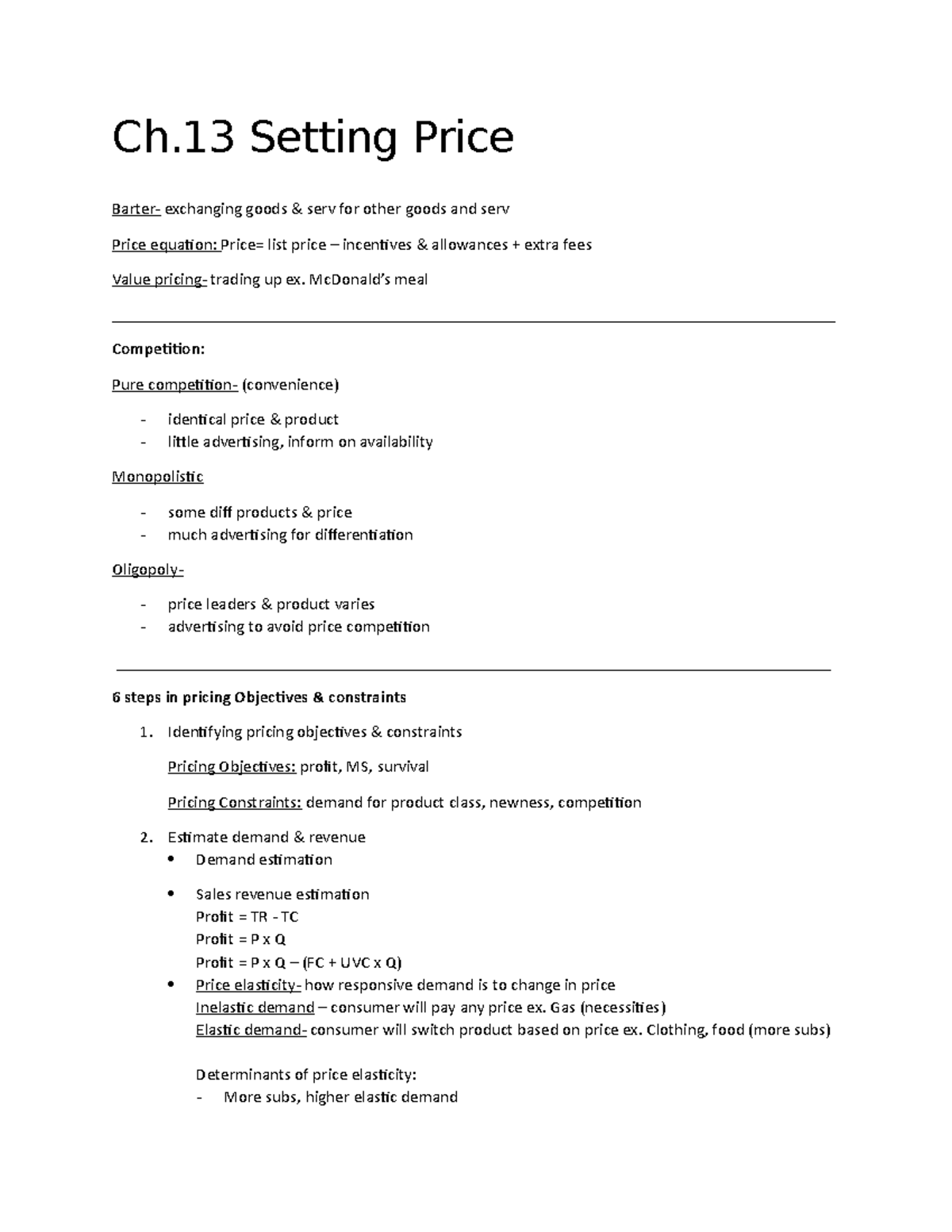 Marketing 3300 Chapter 13 Notes - Ch Setting Price Barter- exchanging ...