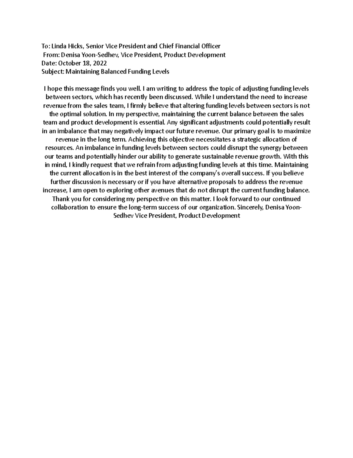 formatted memo example - To: Linda Hicks, Senior Vice President and ...