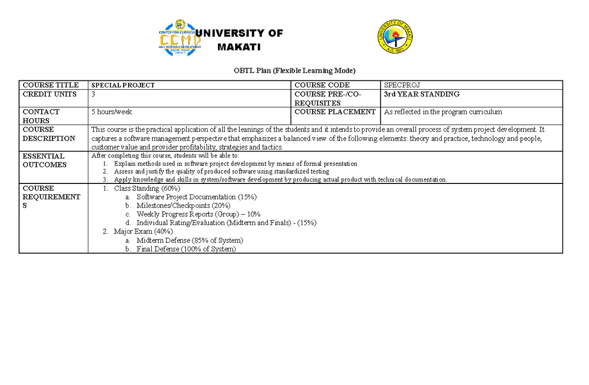 OBTL in Special Project - OBTL Plan (Flexible Learning Mode) COURSE ...