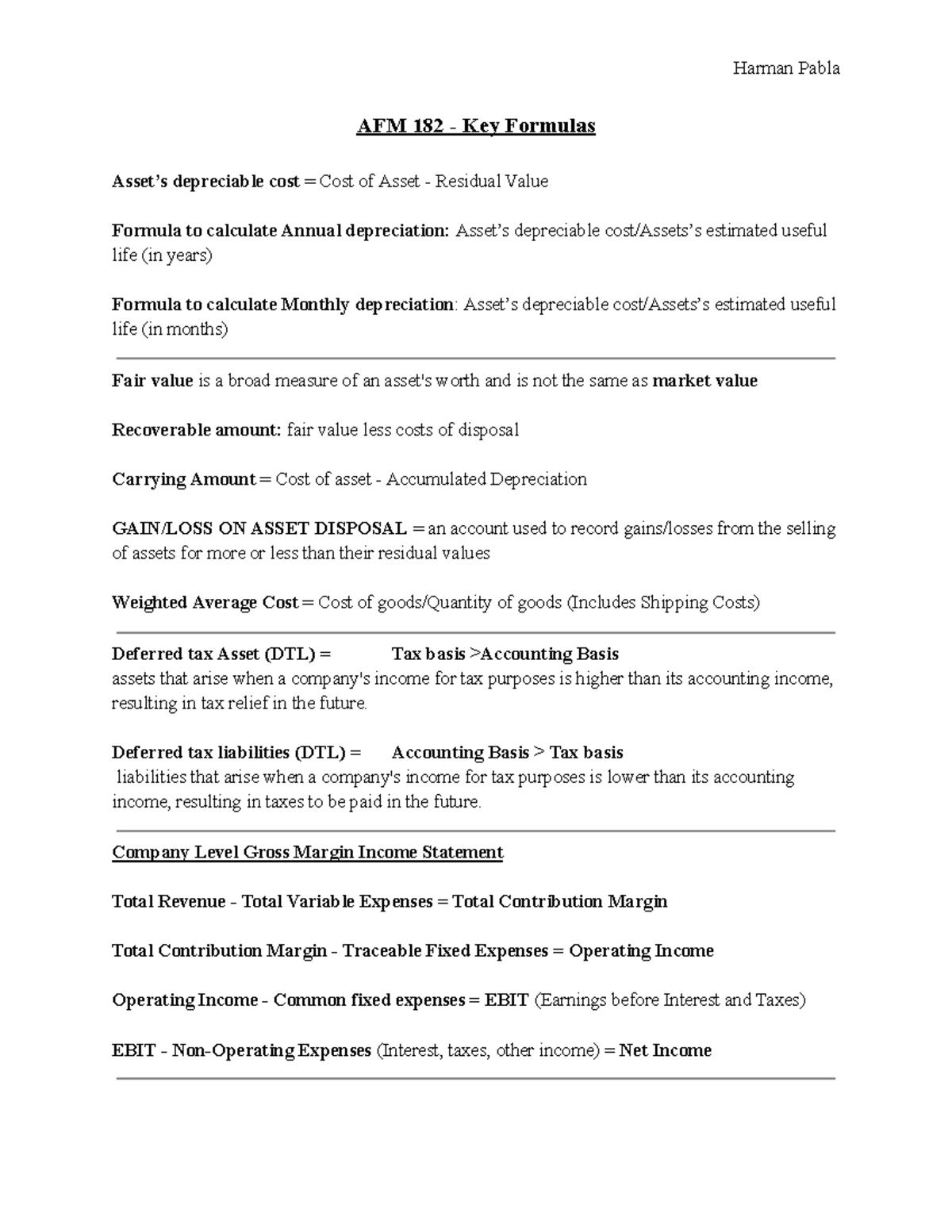 AFM 182 - Key Formulas - fewffdwfe - Afm 101 - UWaterloo - Studocu