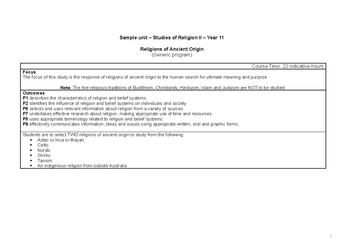Studies of religion ii year 11 sample unit religions of ancient origin ...