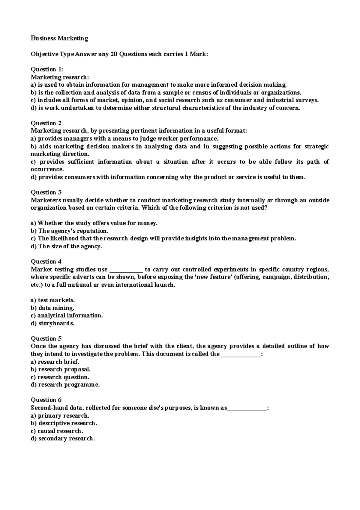 Business marketing question paper - Business Marketing Objective Type ...
